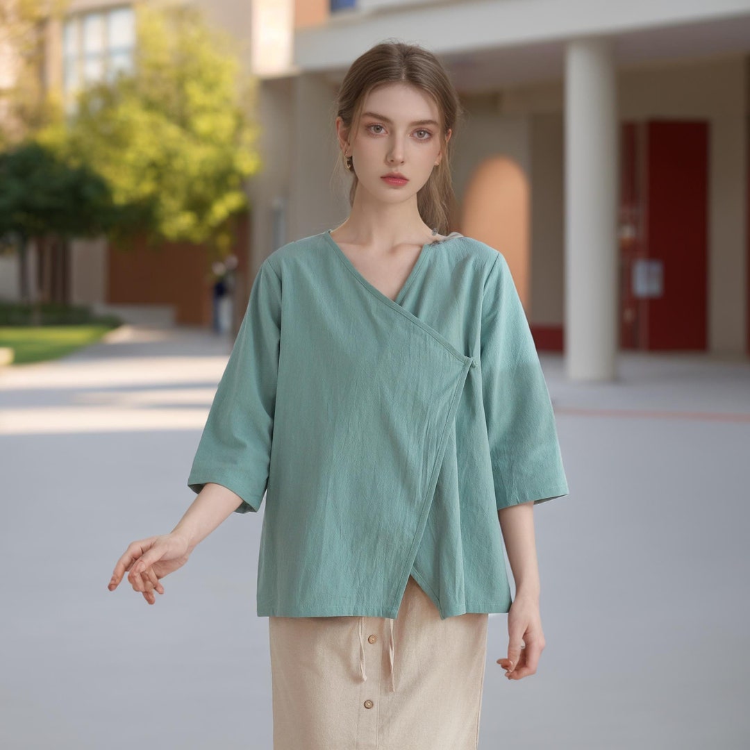 Summer Cotton Blouse Three Quarter Sleeves Tops Casual Loose Tops Linen ...