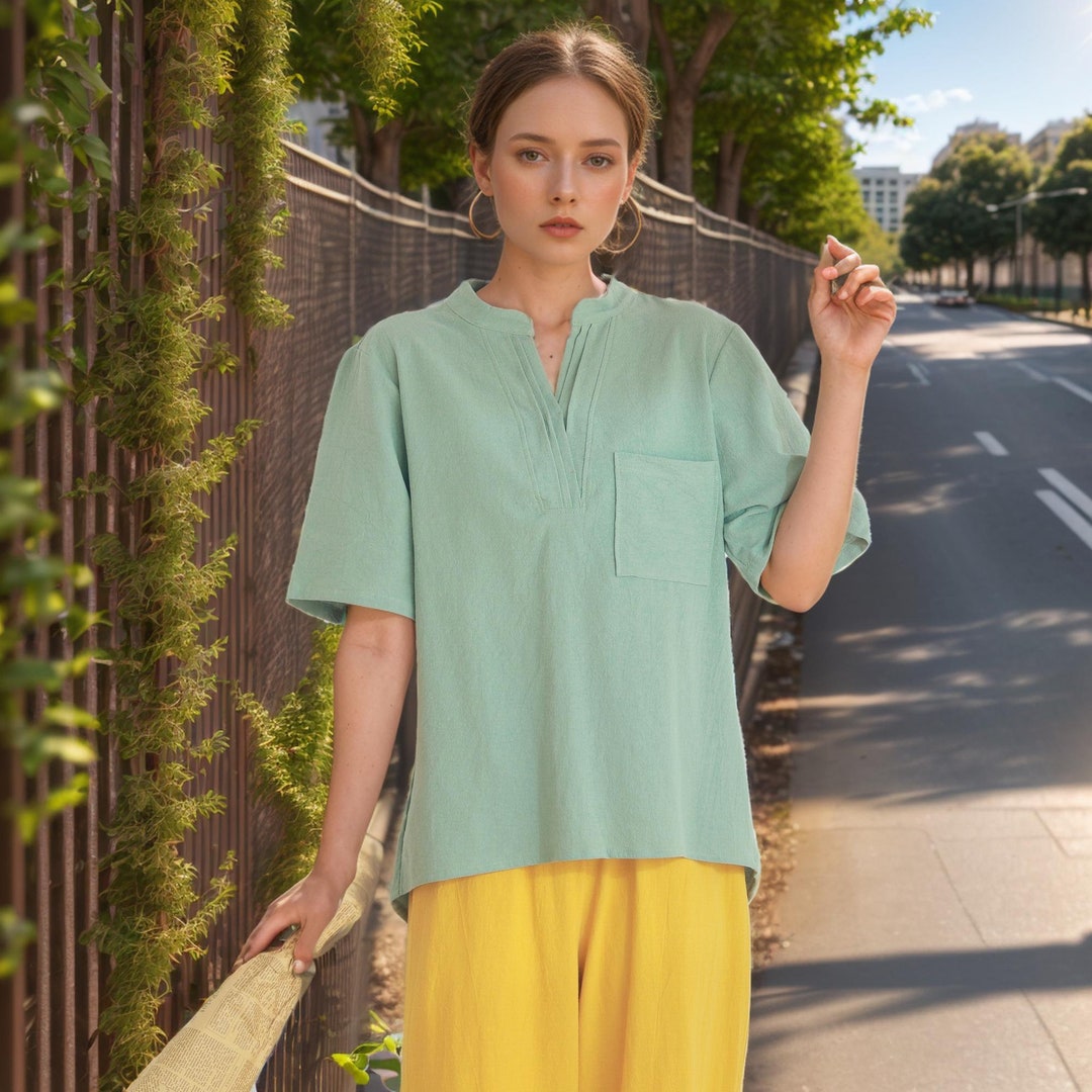 Summer Cotton Blouse Half Sleeves Tops Casual Loose Tops Linen T-shirts ...