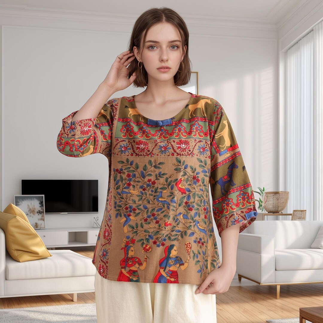 Women Summer Blouse Cotton Tops Three Quarter Sleeves Tops Printed Tops ...