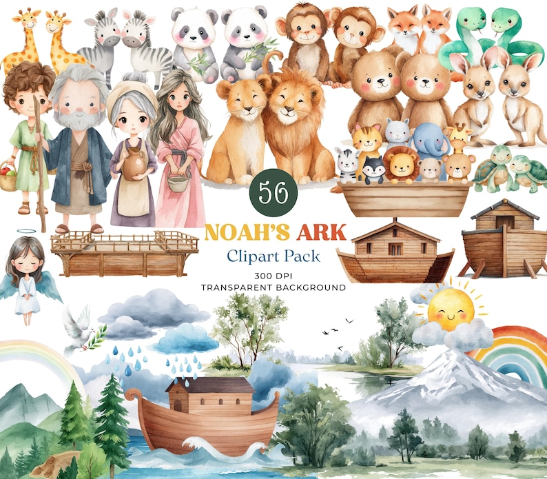 Noah’s Ark Watercolour Clipart | Christian Bible Story Animals and Ark ...