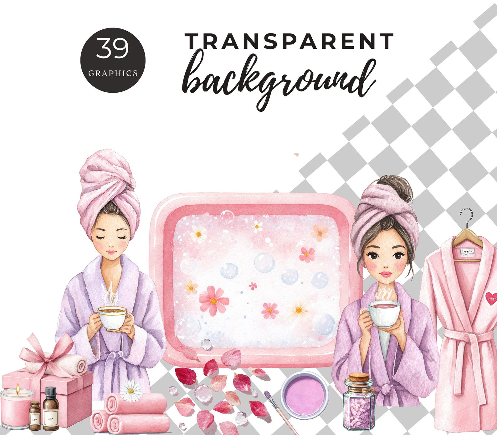 Cute Spa Day Clipart, Pastel Spa Girls & Accessories, Pink Purple Spa ...