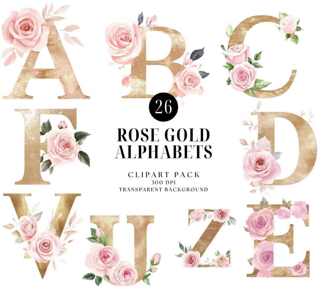 Rose Gold Floral Letters Clipart, Spring Flower Alphabet (PNG Digital ...