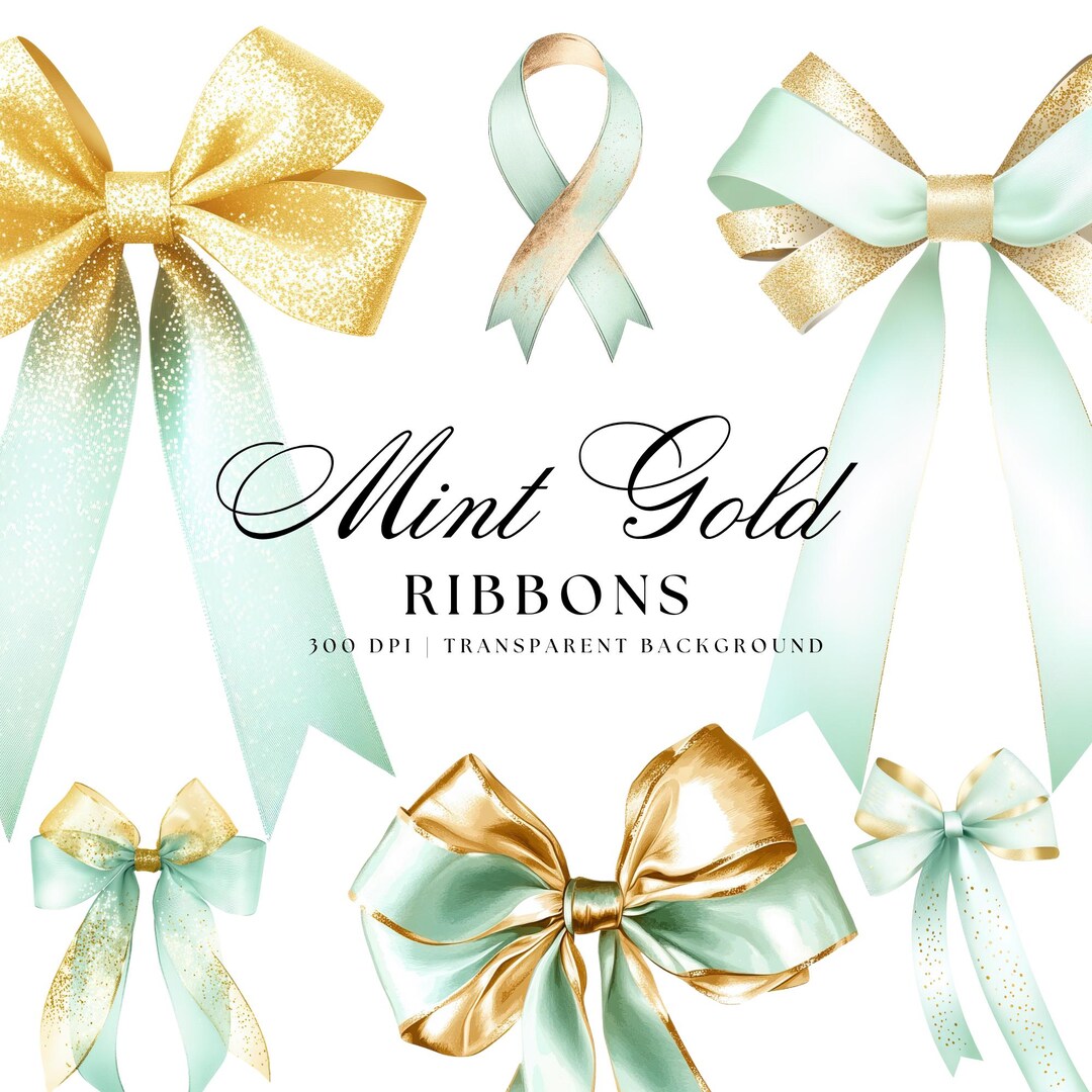 Mint Gold Ribbons Graphic Set, Green Luxury Bow Clipart, Christmas ...