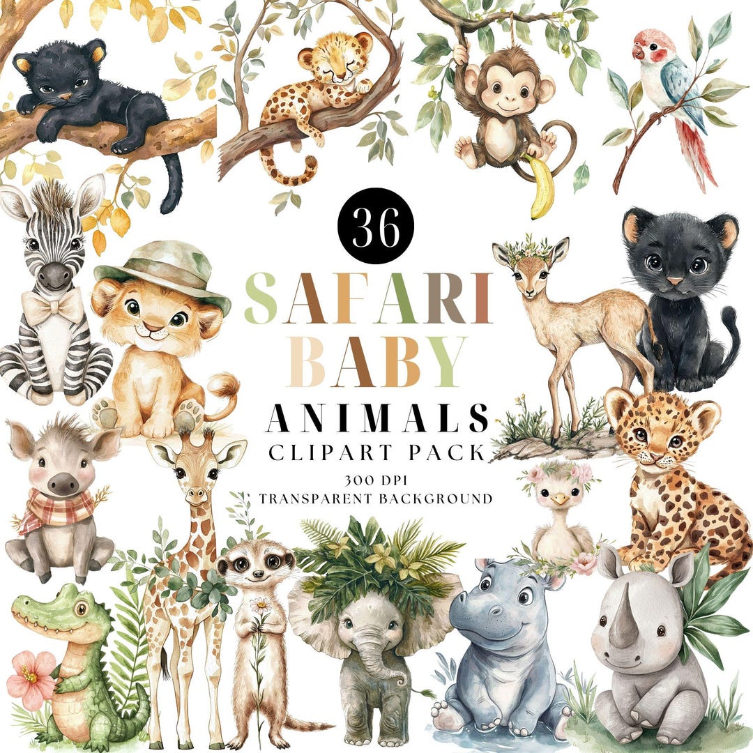 Cute Safari Animals Clipart Bundle, Watercolour Jungle Animals ...