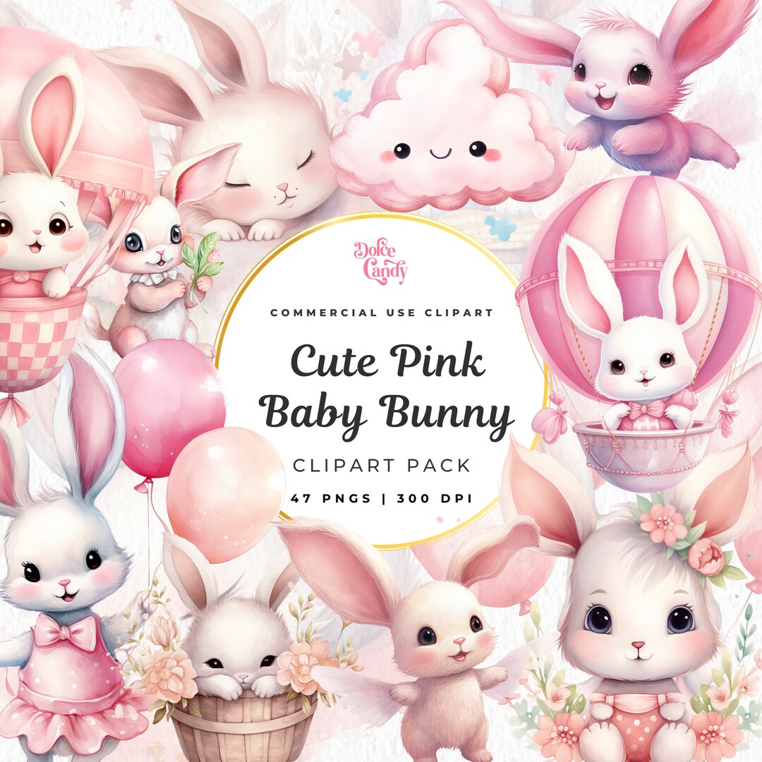 Watercolour Cute Pink Baby Bunny Clipart, Pink Nursery Png, Easter ...