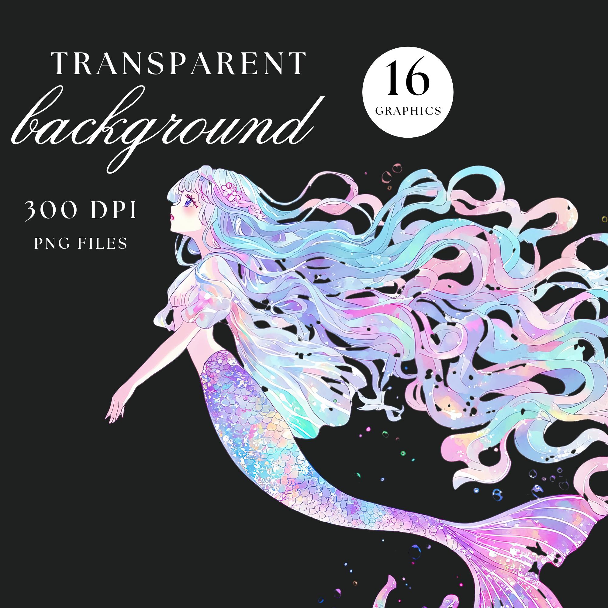 Holographic Mermaid Clipart Bundle, Watercolor PNG Graphics (digital ...