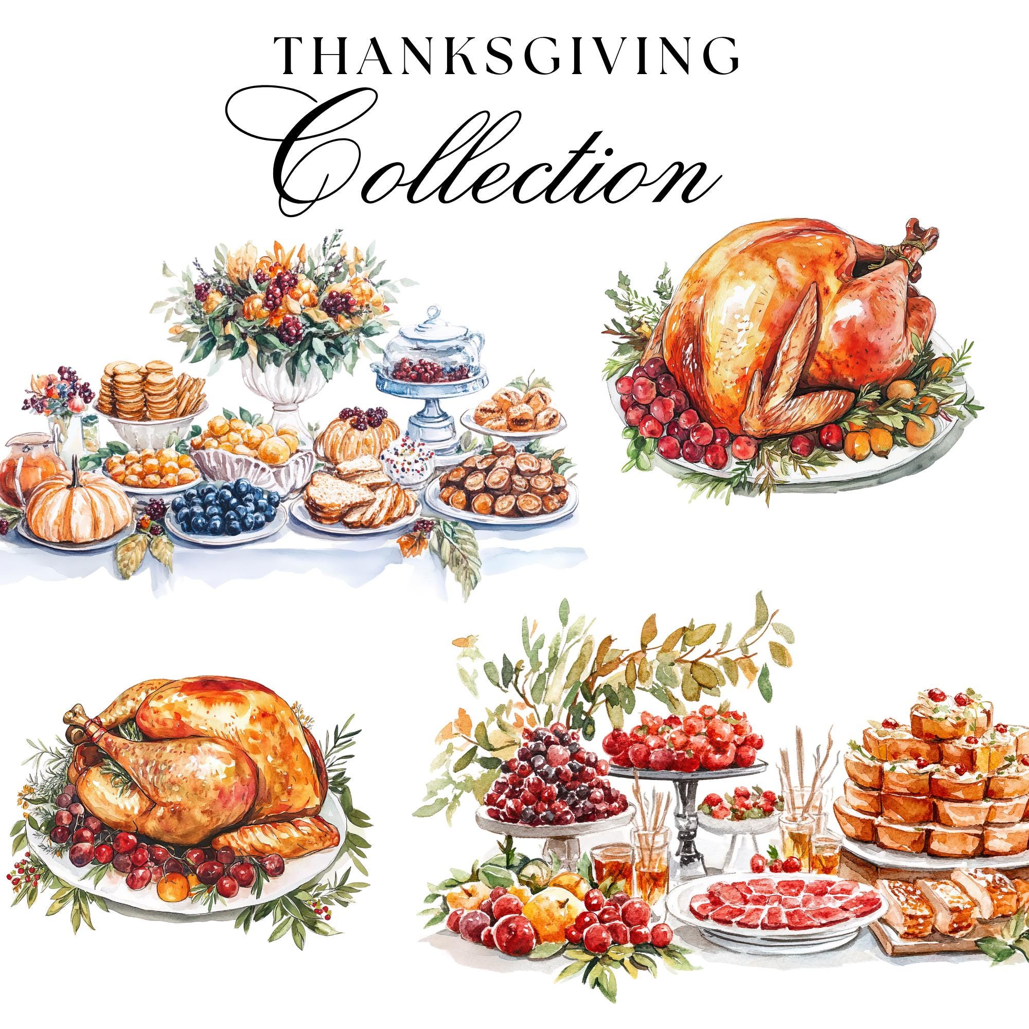 Watercolour Thanksgiving Table Clipart, Rustic Thanksgiving Dinner ...