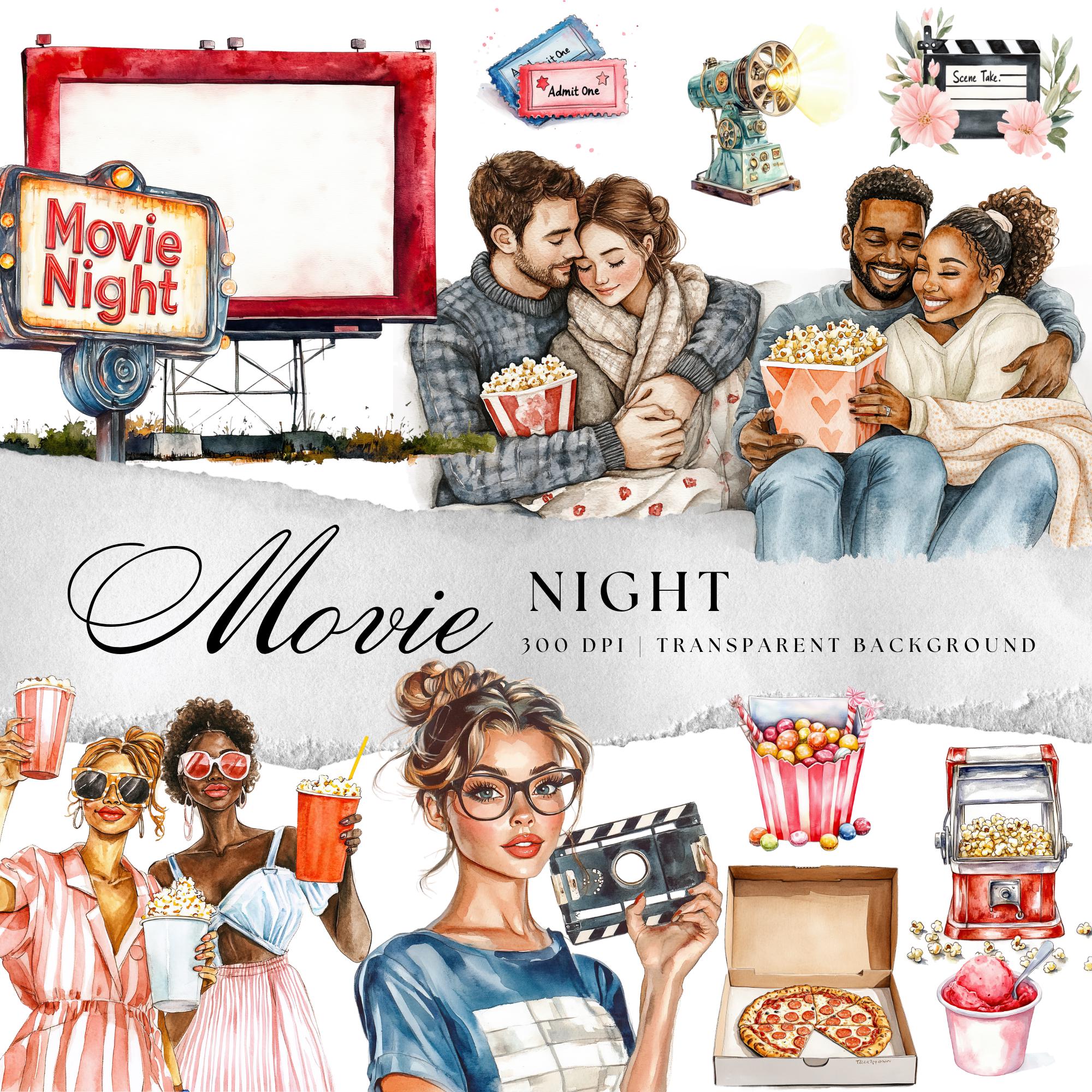Movie Night Clipart, Watercolour Popcorn PNG, Cosy Couples, Friends ...