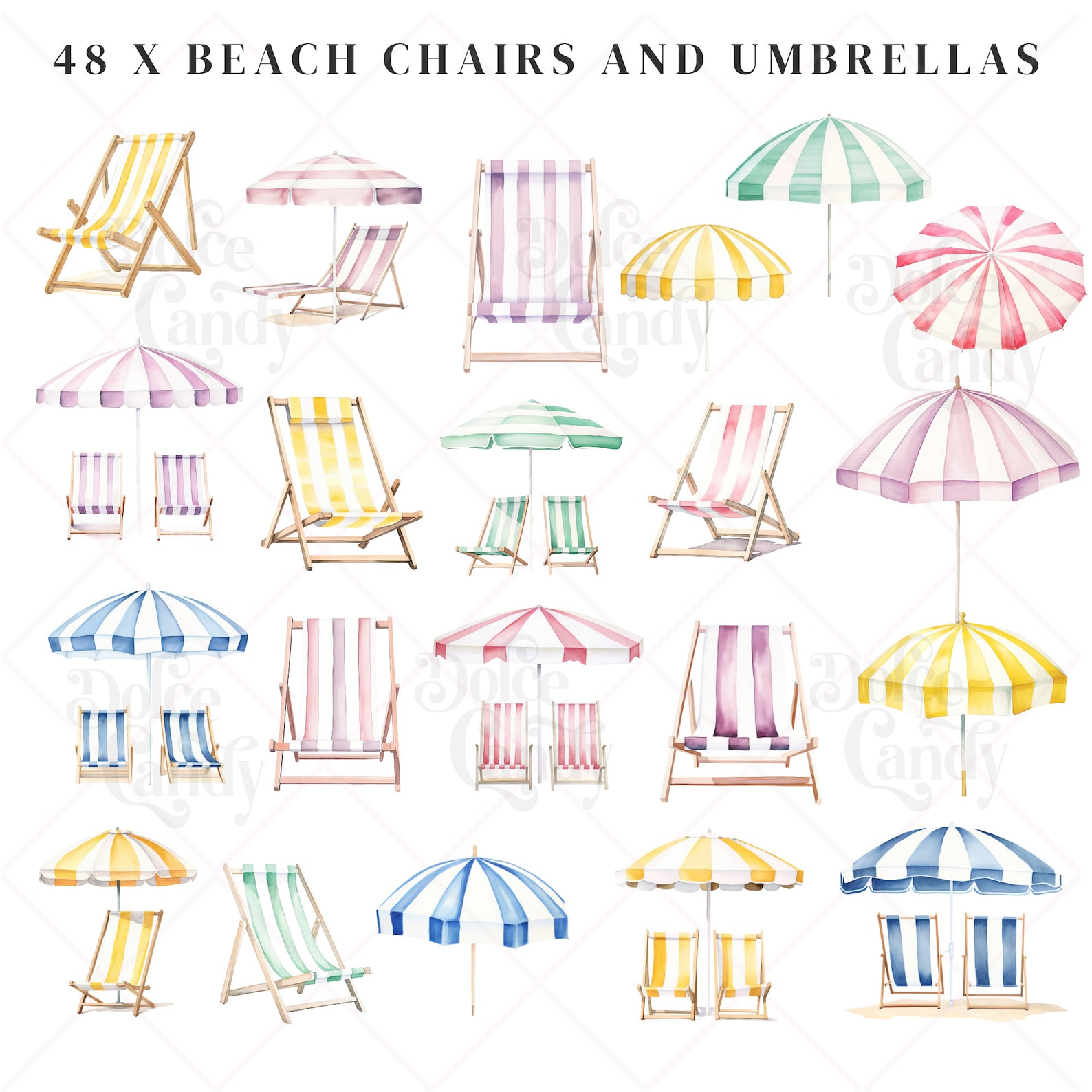 Watercolour Pastel Beach Chairs and Umbrellas, Holiday Clipart ...