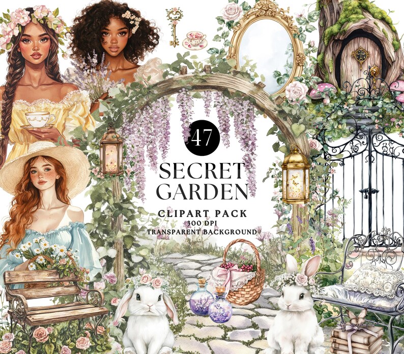 Secret Garden Watercolor Clipart Bundle, Cottagecore PNG, Commercial ...