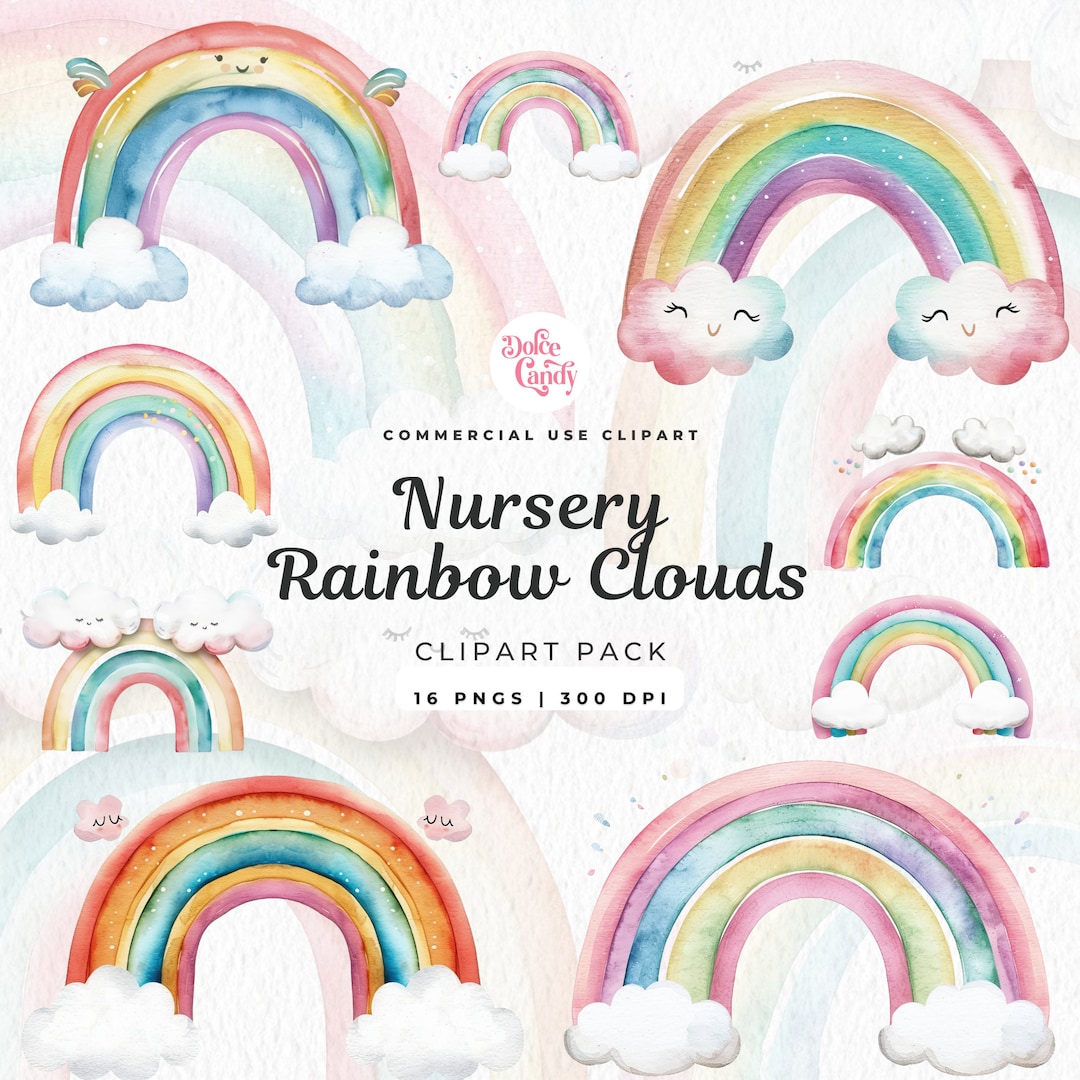 Nursery Rainbow Clouds Watercolour Clipart, Bright Pastel Colours ...