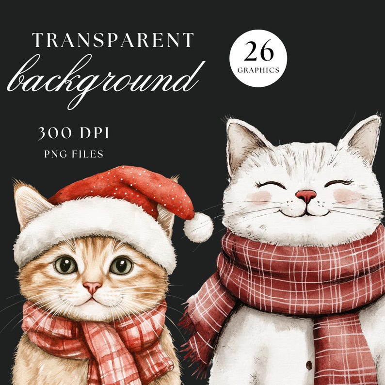 Watercolour Christmas Cat Clipart, Festive Cat Illustrations, Holiday ...