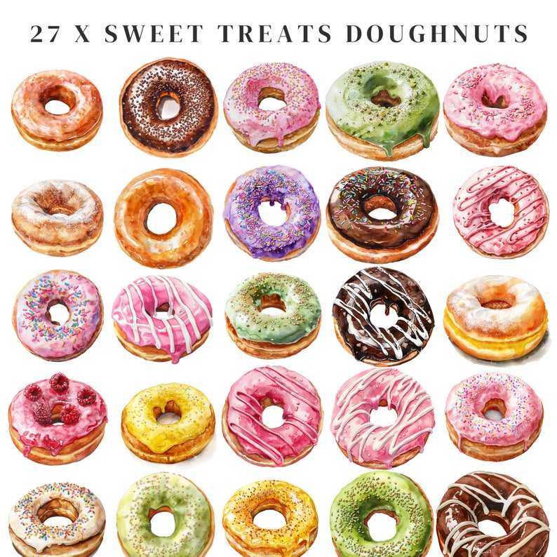 Sweet Treat Watercolour Donut Clipart, Dessert Clipart, Sprinkle ...