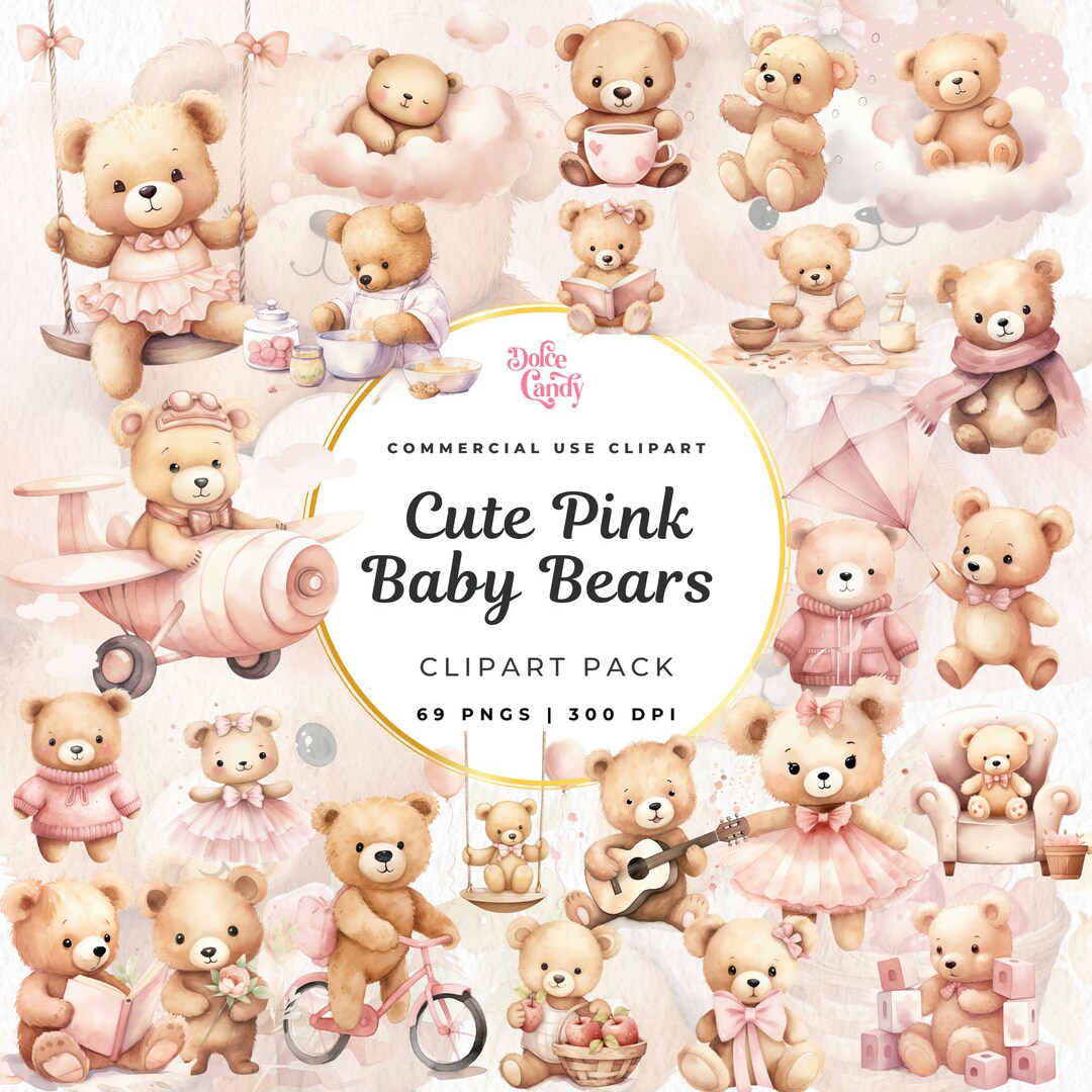 Cute Pink Baby Teddy Bear Clipart, Nursery Teddy Bear, Pink Boho Baby ...