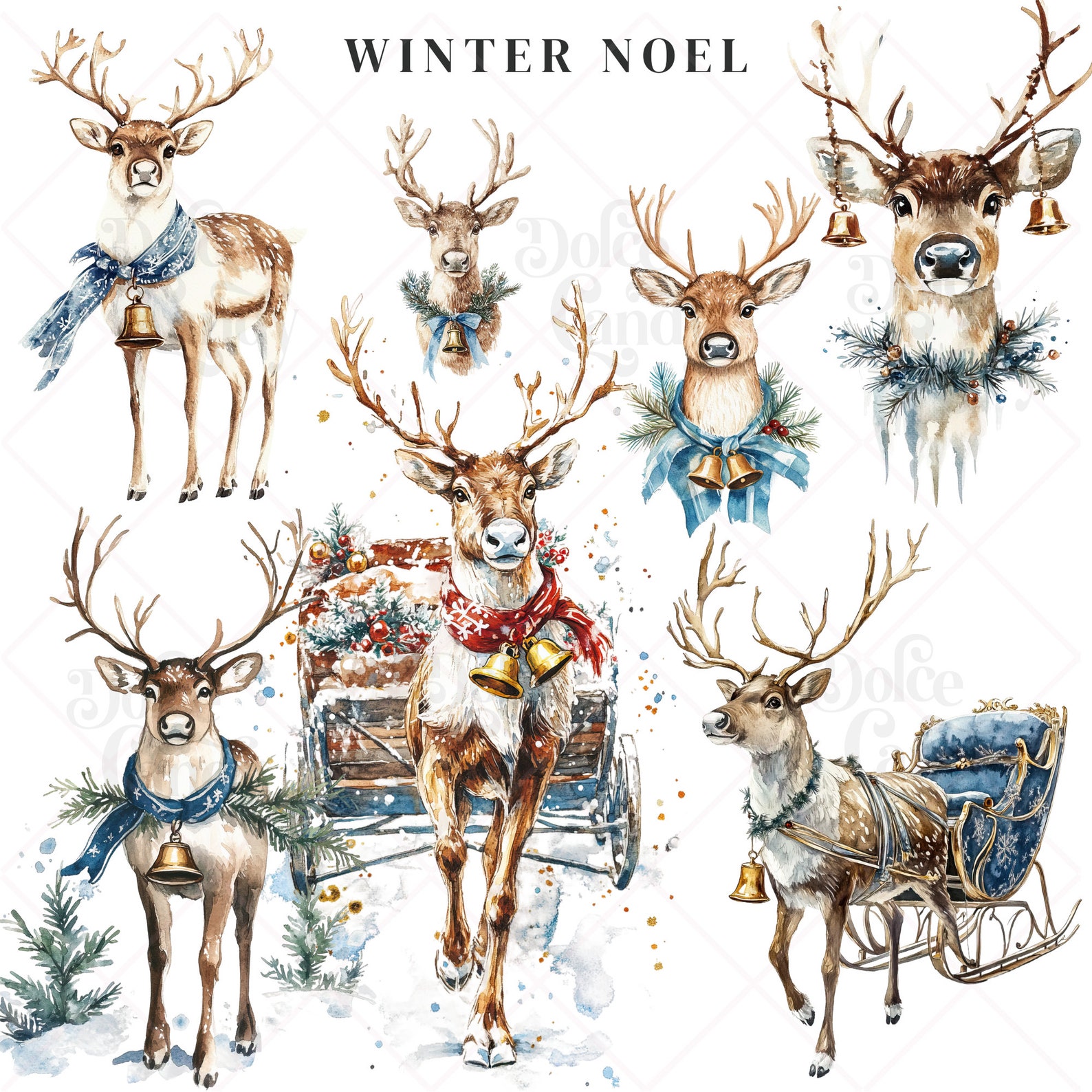 Blue Christmas Clipart Bundle, Christmas Trees, Santa Claus, Reindeer ...