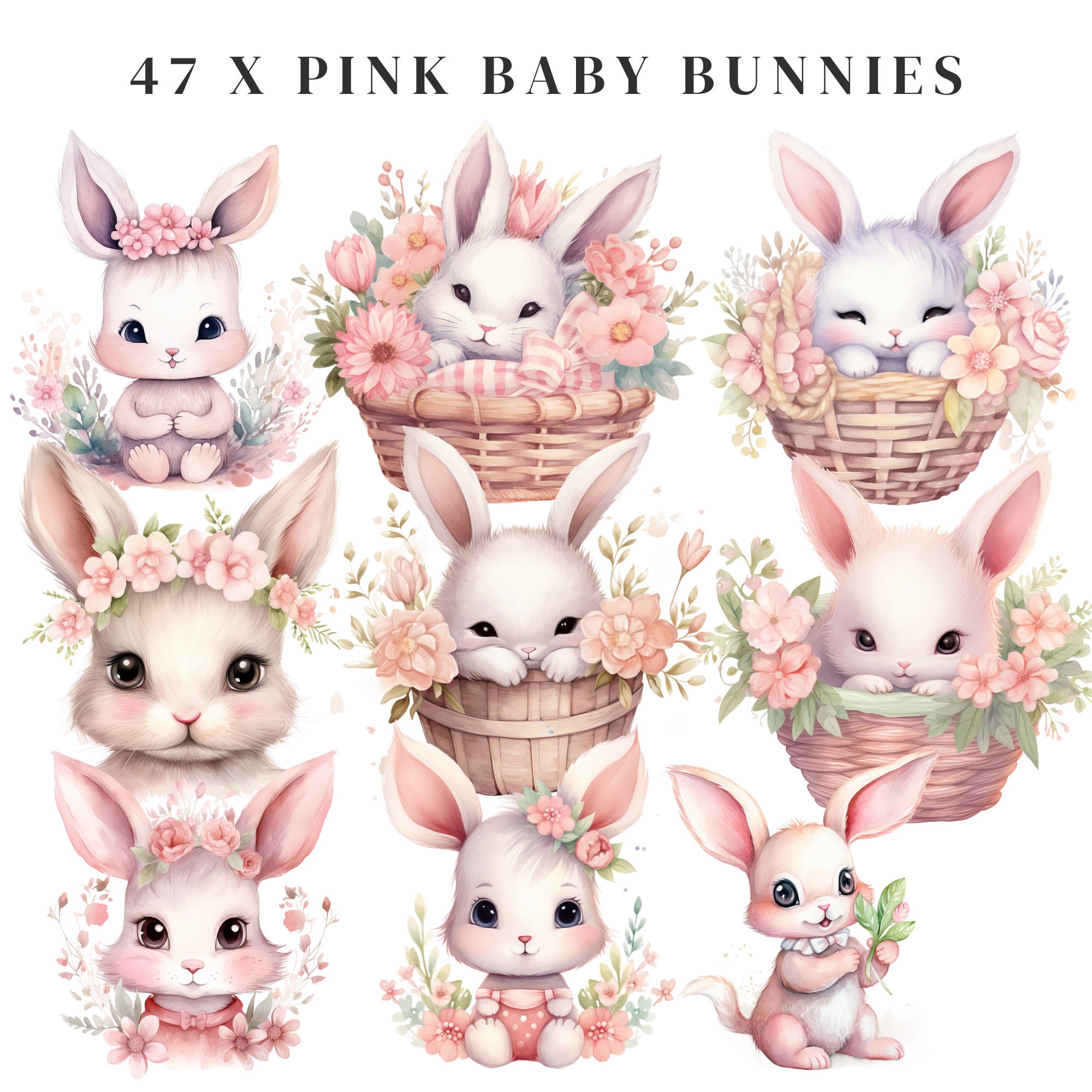 Watercolour Cute Pink Baby Bunny Clipart, Pink Nursery Png, Easter ...