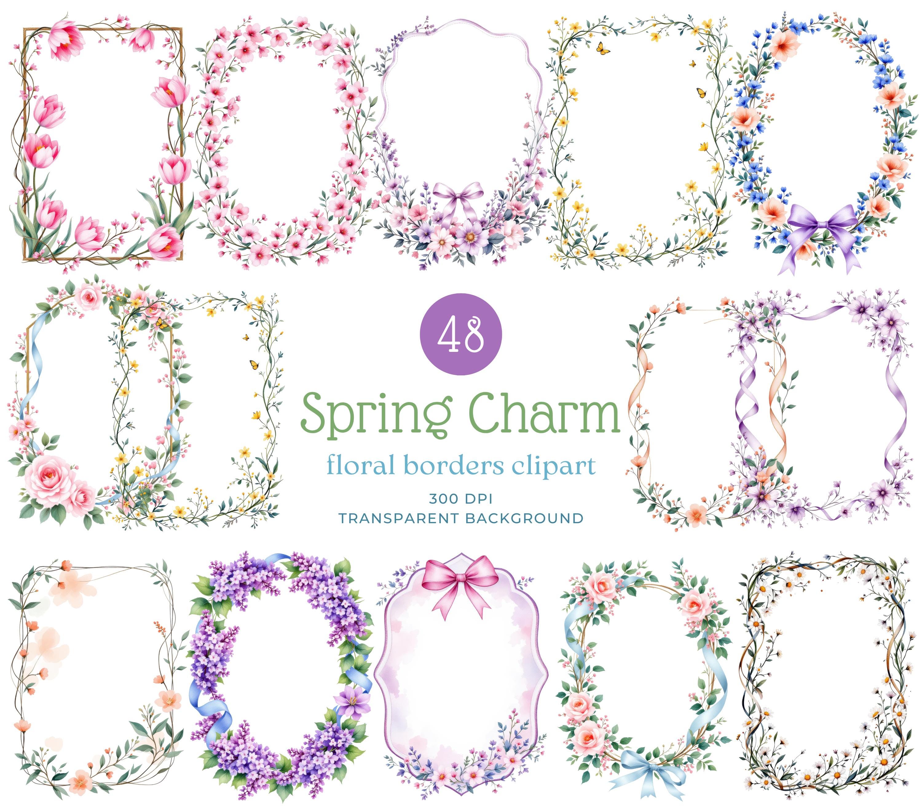 Spring Floral Borders Clipart | Whimsical Flower Frame Pngs (digital ...