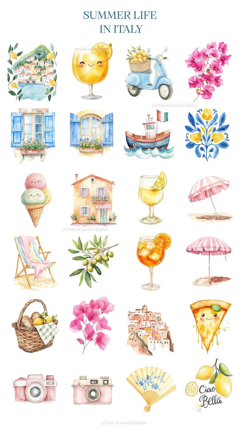Amalfi Coast Summer Clipart - Italy Lemon Vespa Pizza Aperol ...
