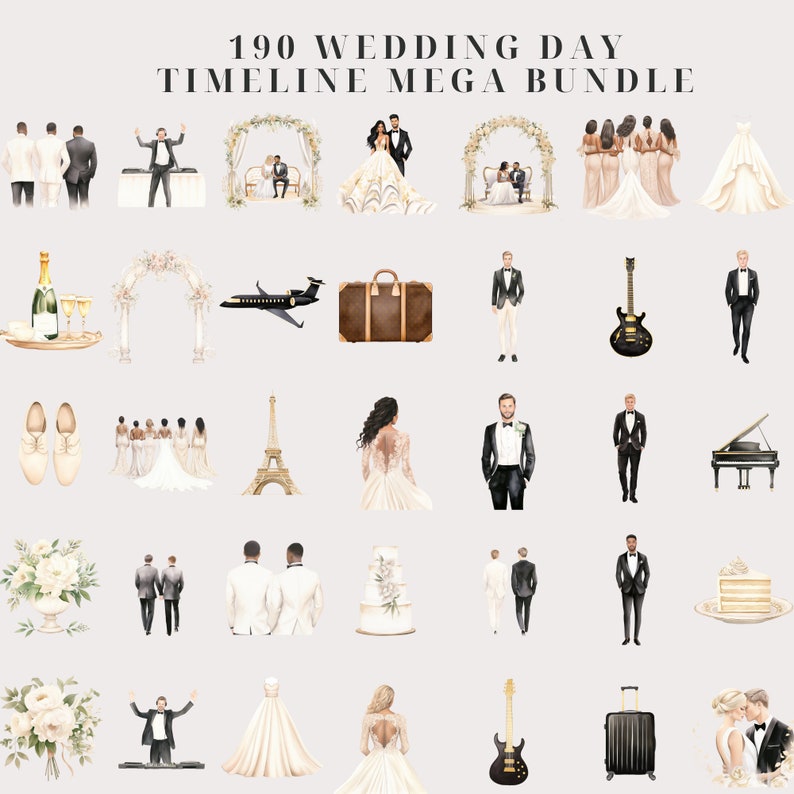 190 Watercolour Wedding Timeline Icons Clipart, Marriage Icon Pack, Wedding Card Clipart ...