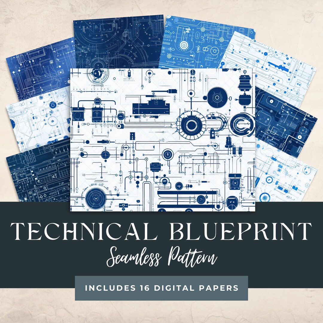 Technical Blueprints Digital Paper, Scrapbook, Engine Blueprint ...