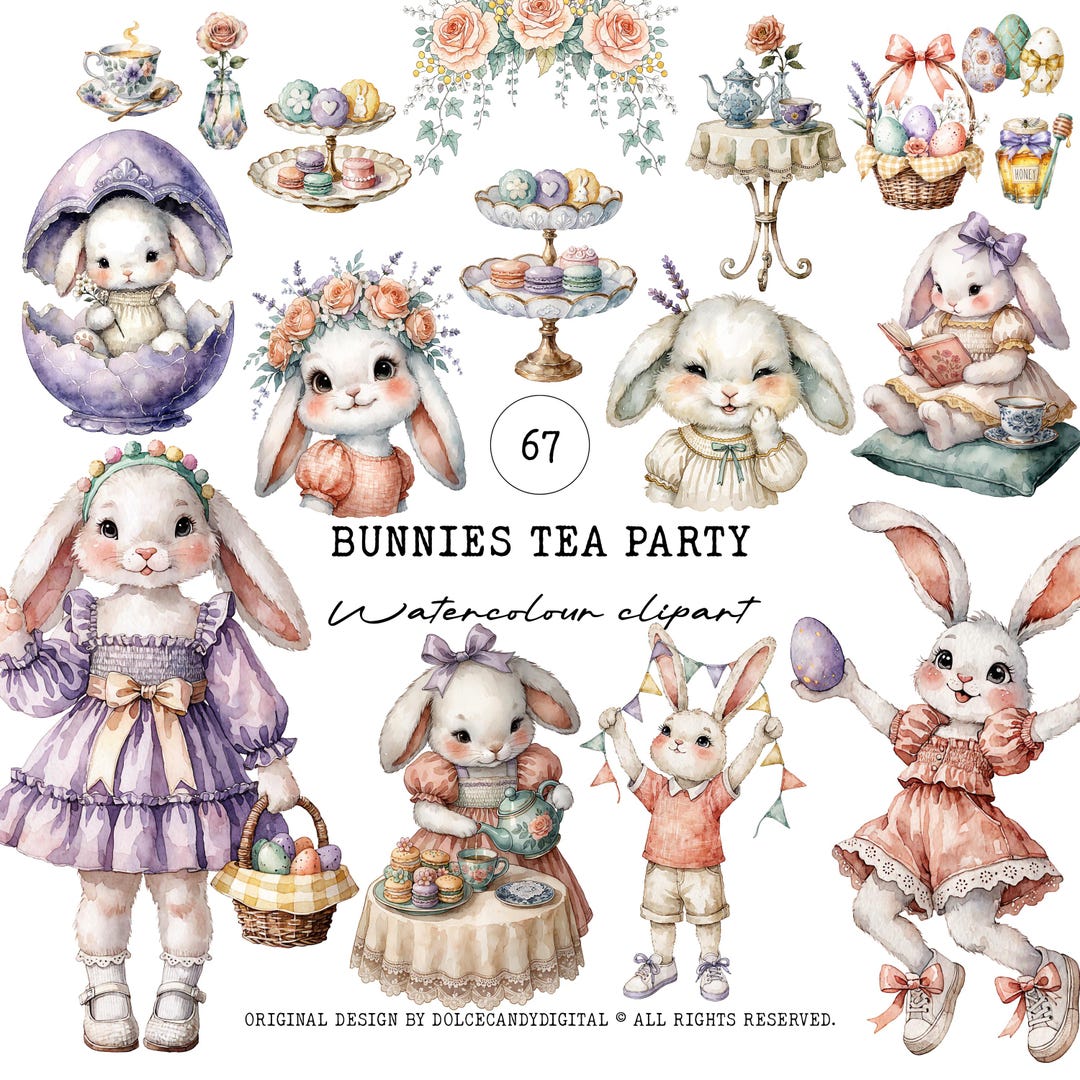 Watercolour Easter Bunny Clipart, Tea Party Nursery Graphics (digital ...