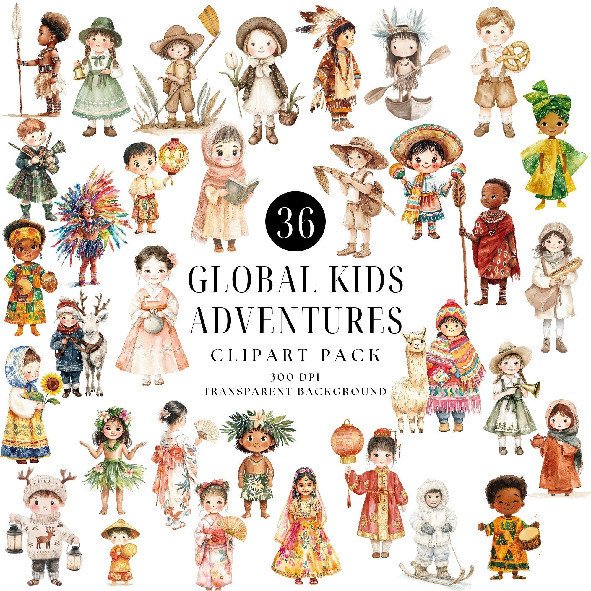Multicultural Kids Clipart, Watercolor World Cultures Art (digital ...
