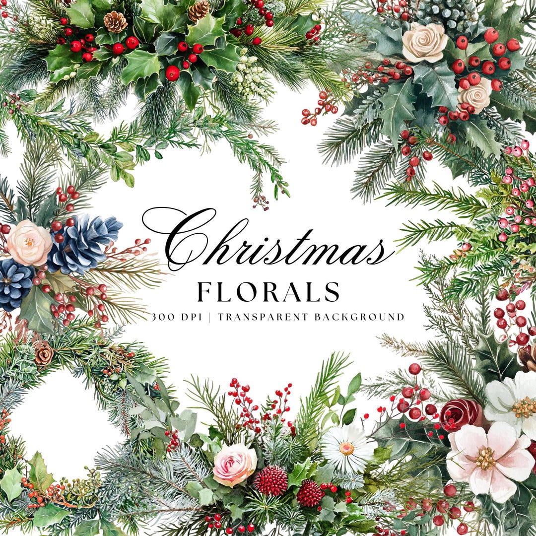 Christmas Floral Clipart, Winter Greenery Clipart, Holiday Bouquet ...