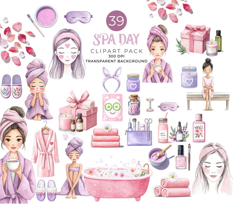 Cute Spa Day Clipart, Pastel Spa Girls & Accessories, Pink Purple Spa ...