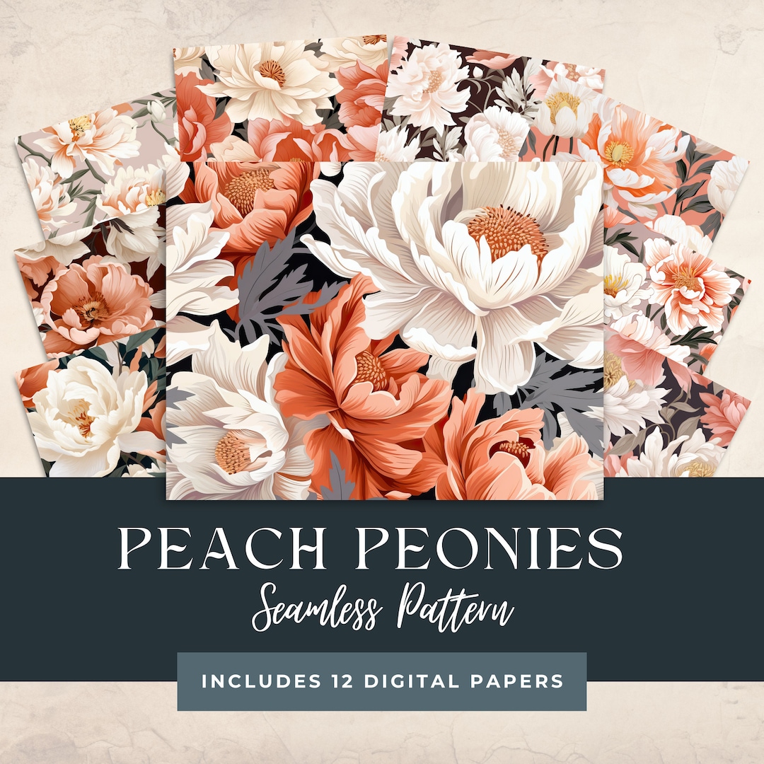 Pastel Peach Peony Flower Digital Paper, Seamless Repeating Pattern ...