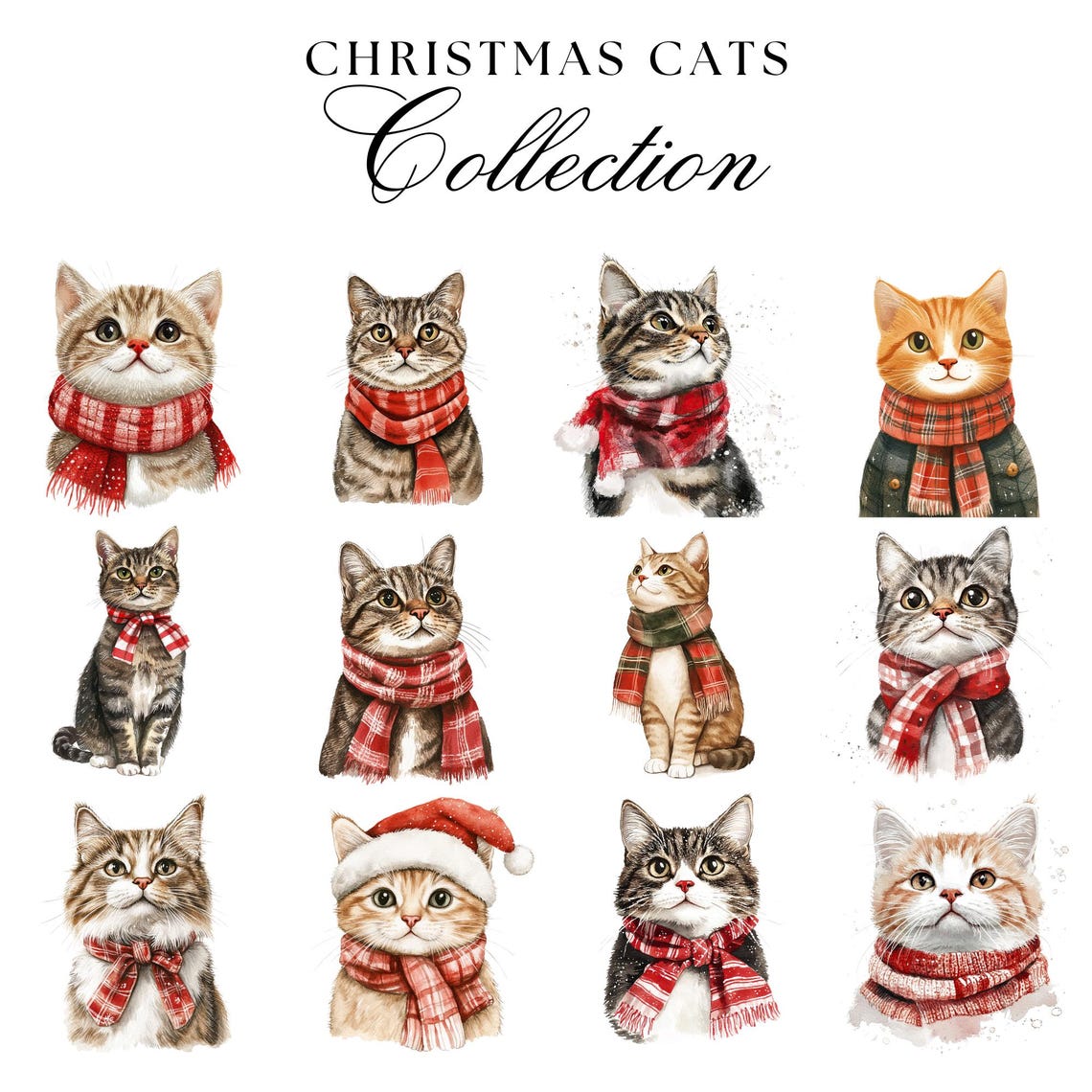 Watercolour Christmas Cat Clipart, Festive Cat Illustrations, Holiday ...