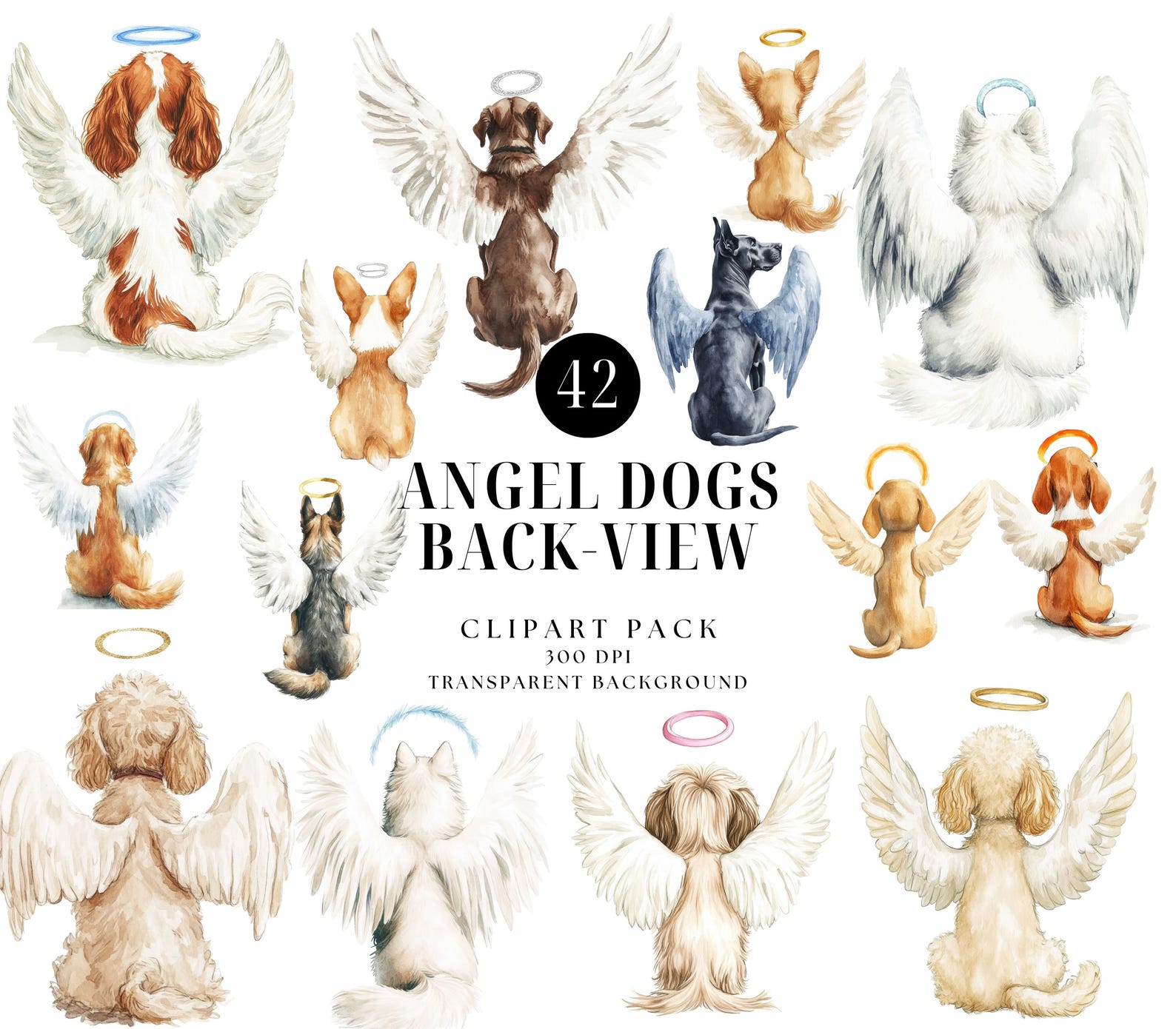 Angel Dog Clipart From Back, Pet Portrait, Cute Dog, Digital, Mix Dog ...