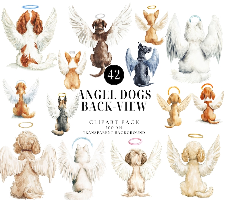 Angel Dog Clipart From Back, Pet Portrait, Cute Dog, Digital, Mix Dog ...