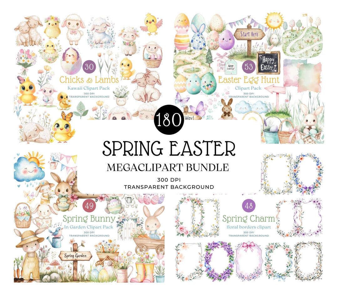 Spring Easter Clipart Bundle | 180 Pngs Chicks, Bunnies, Egg Hunt ...
