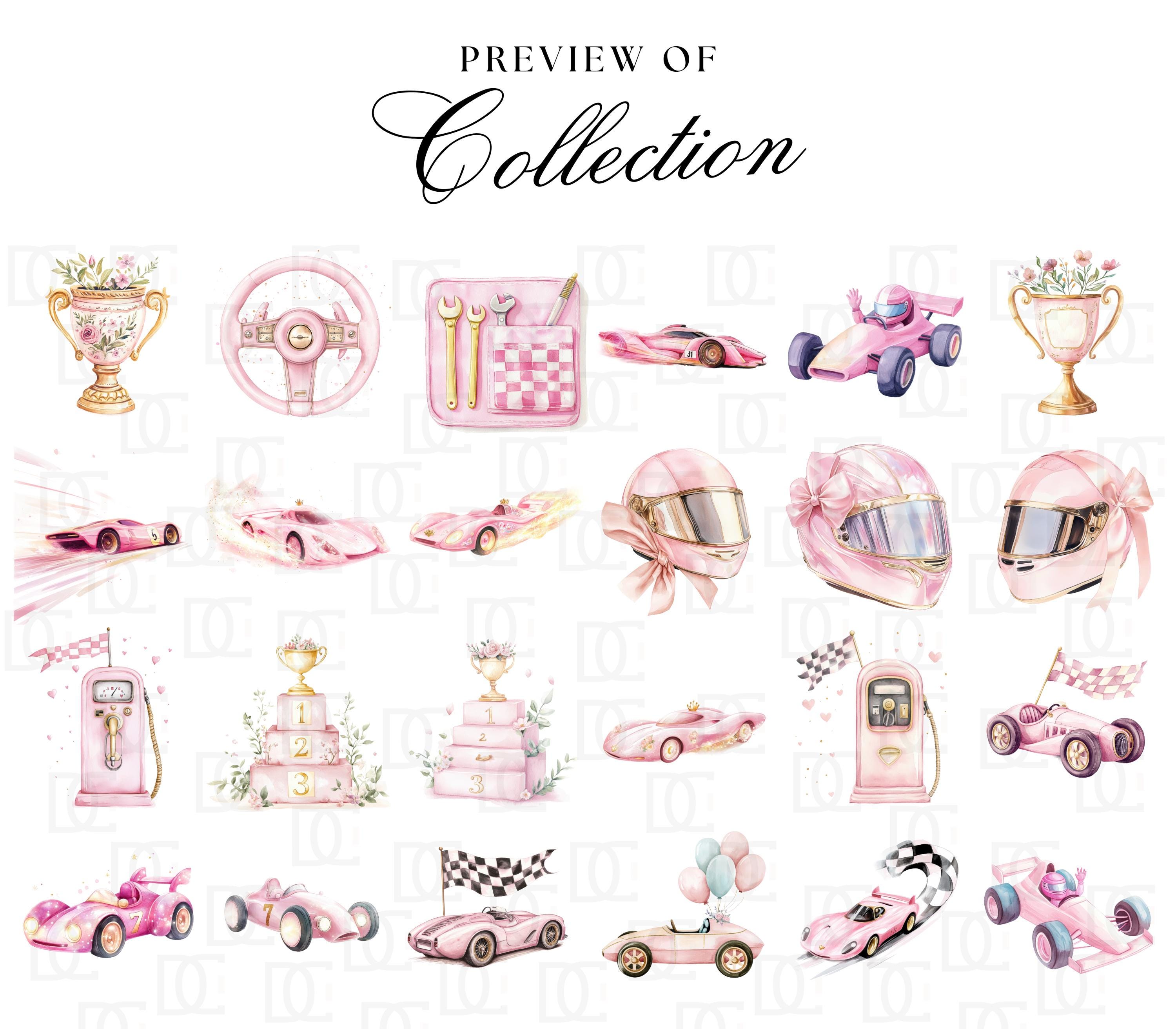 Pink Watercolour Race Car Clipart Pack, Cute Racing Girl PNG, Digital ...