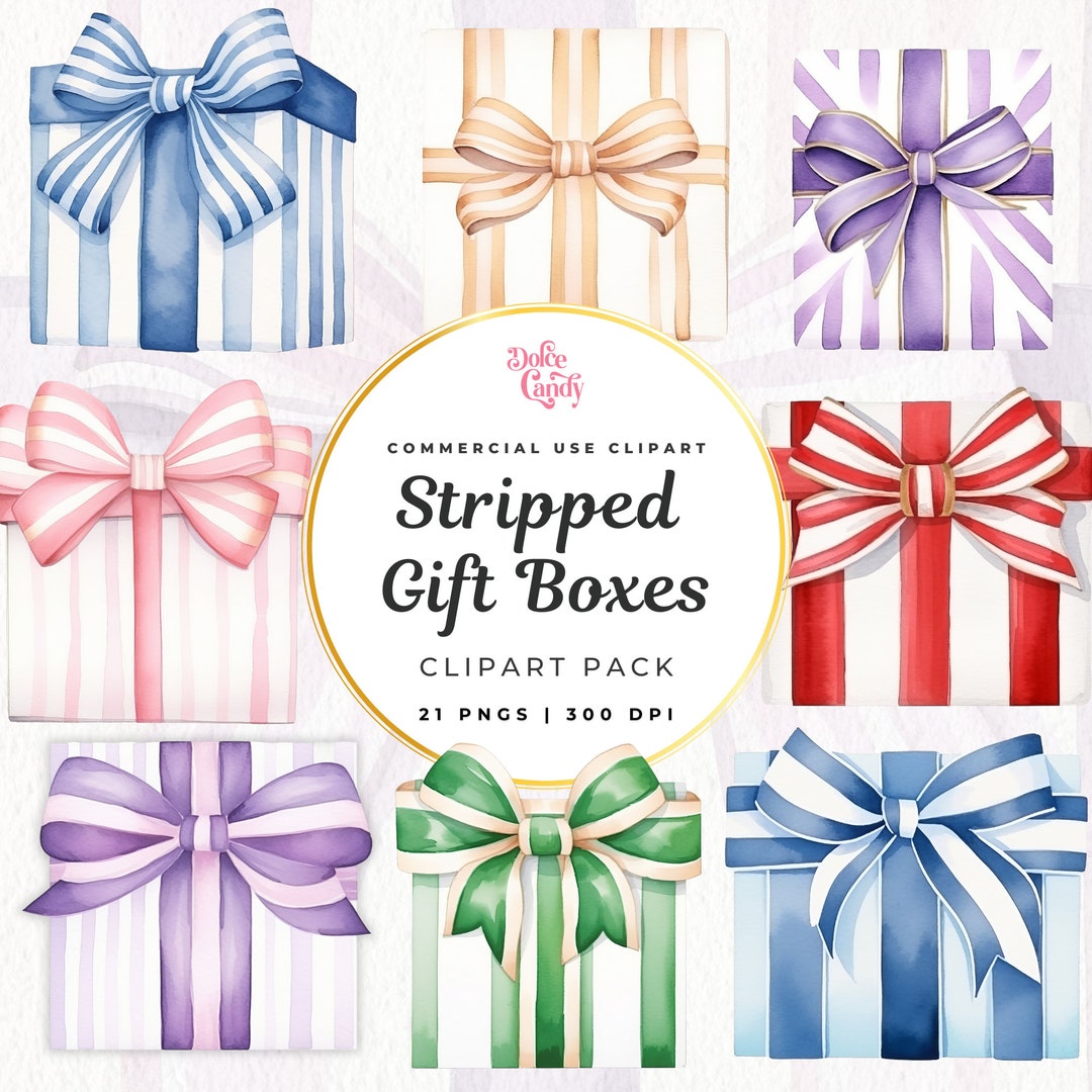Watercolour Stripped Gift Box Clipart Set, Present Clipart, Christmas ...