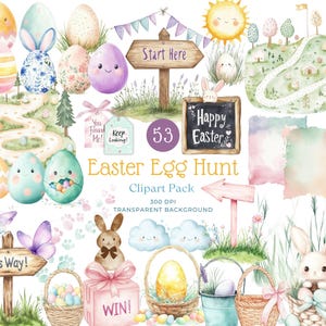 Easter Egg Hunt Clipart PNG | Pastel Bunny Eggs, Basket, Footprints ...
