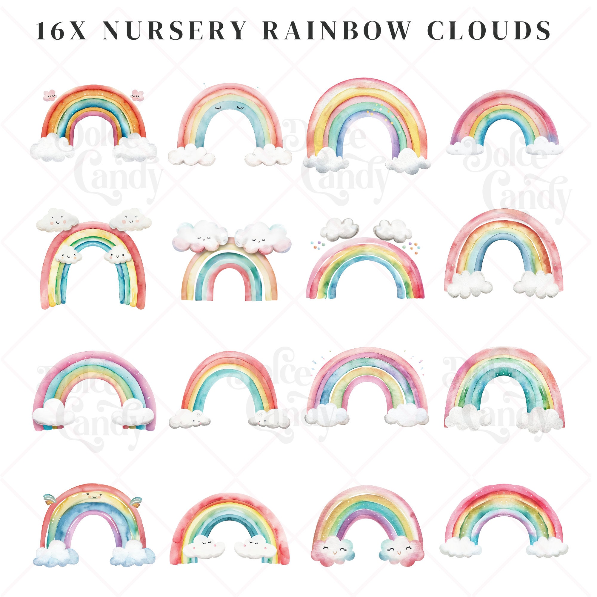 Watercolor Rainbow Cloud Clipart, Pastel Nursery Art (PNG Digital ...