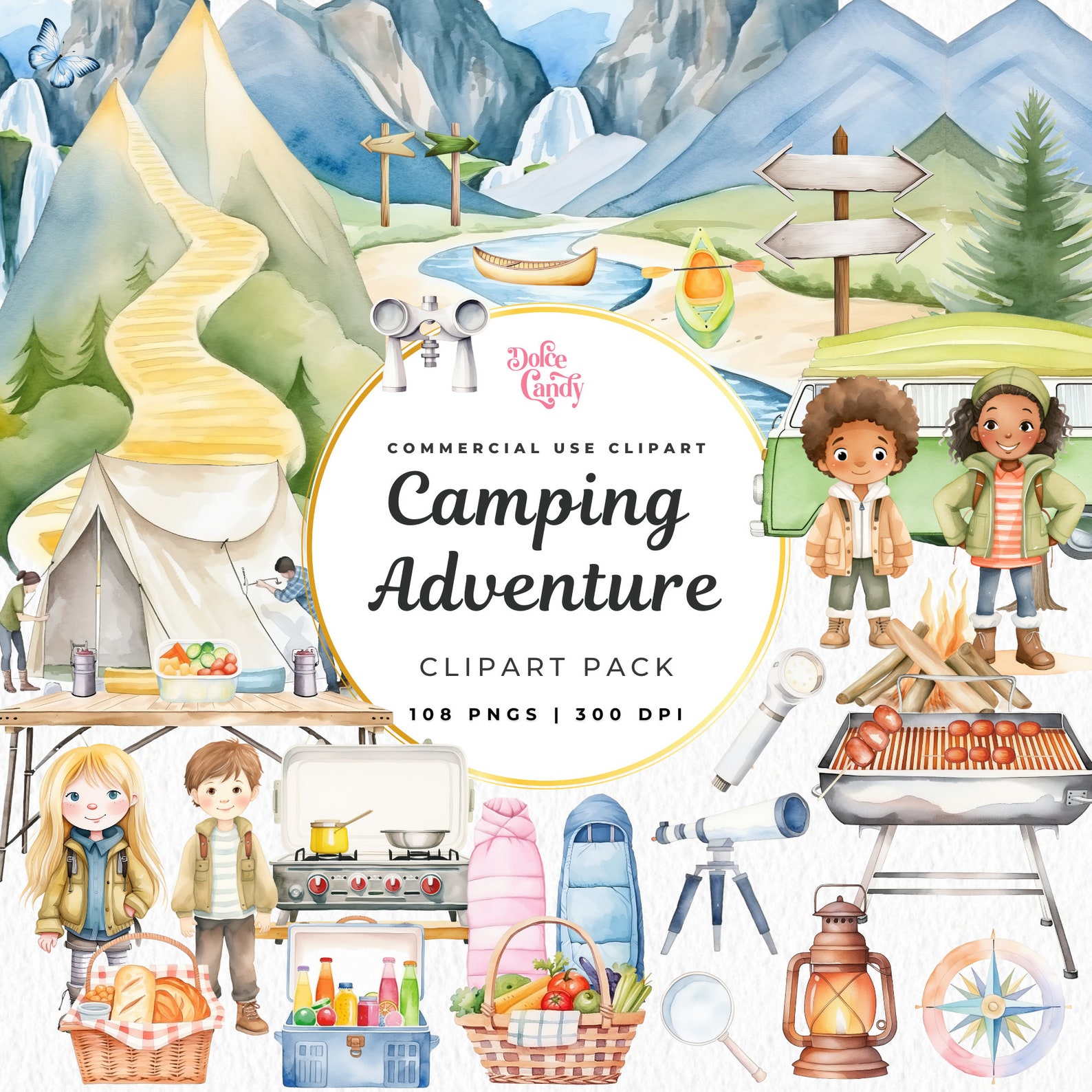 Watercolor Camping Clipart Bundle, Outdoor Adventure (digital Download ...