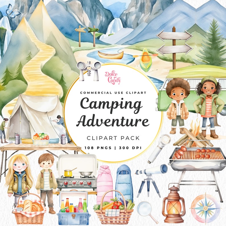 108 Watercolour Camping Clipart, Outdoor Clipart Png, Family Vacation ...