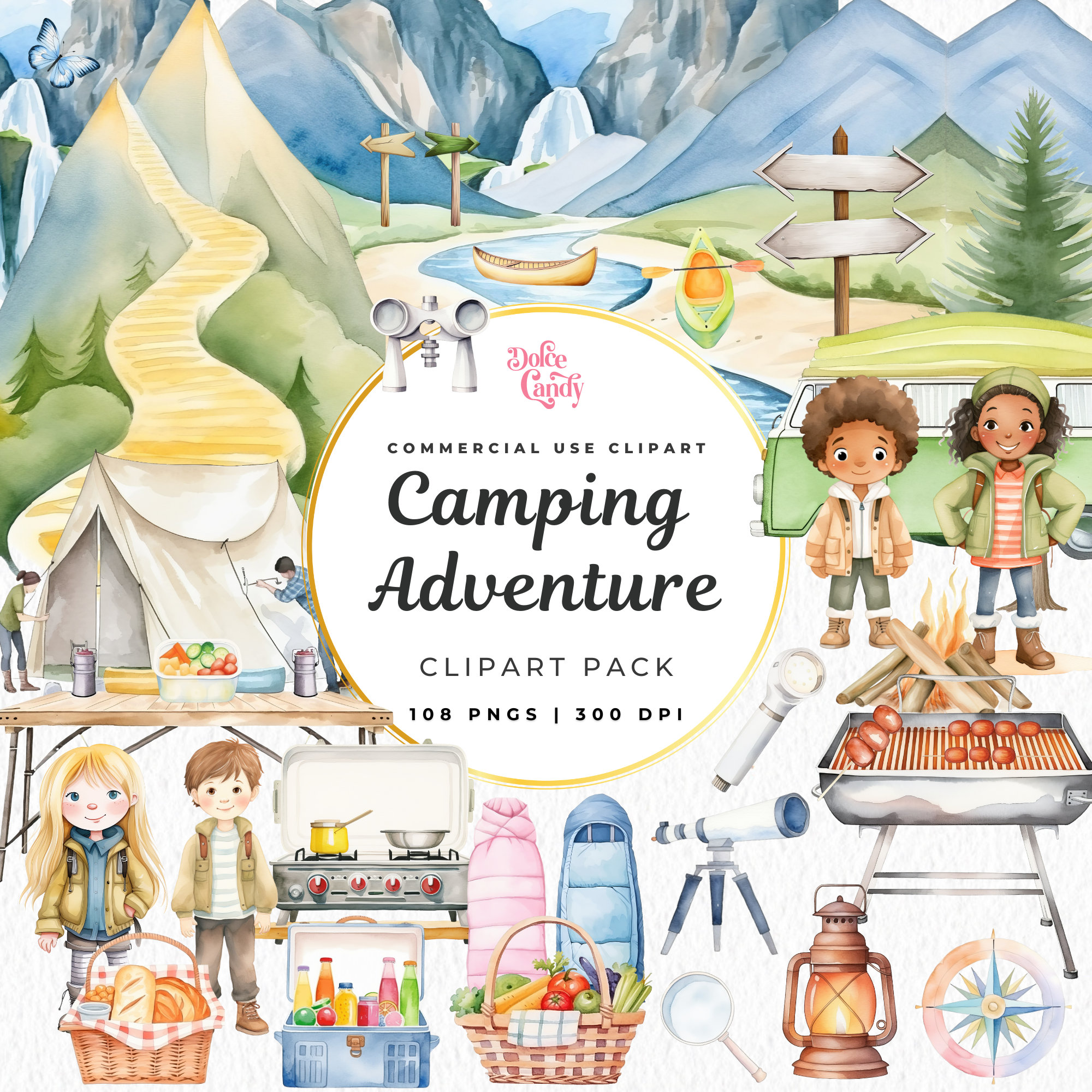 108 Watercolour Camping Clipart, Outdoor Clipart Png, Family Vacation ...
