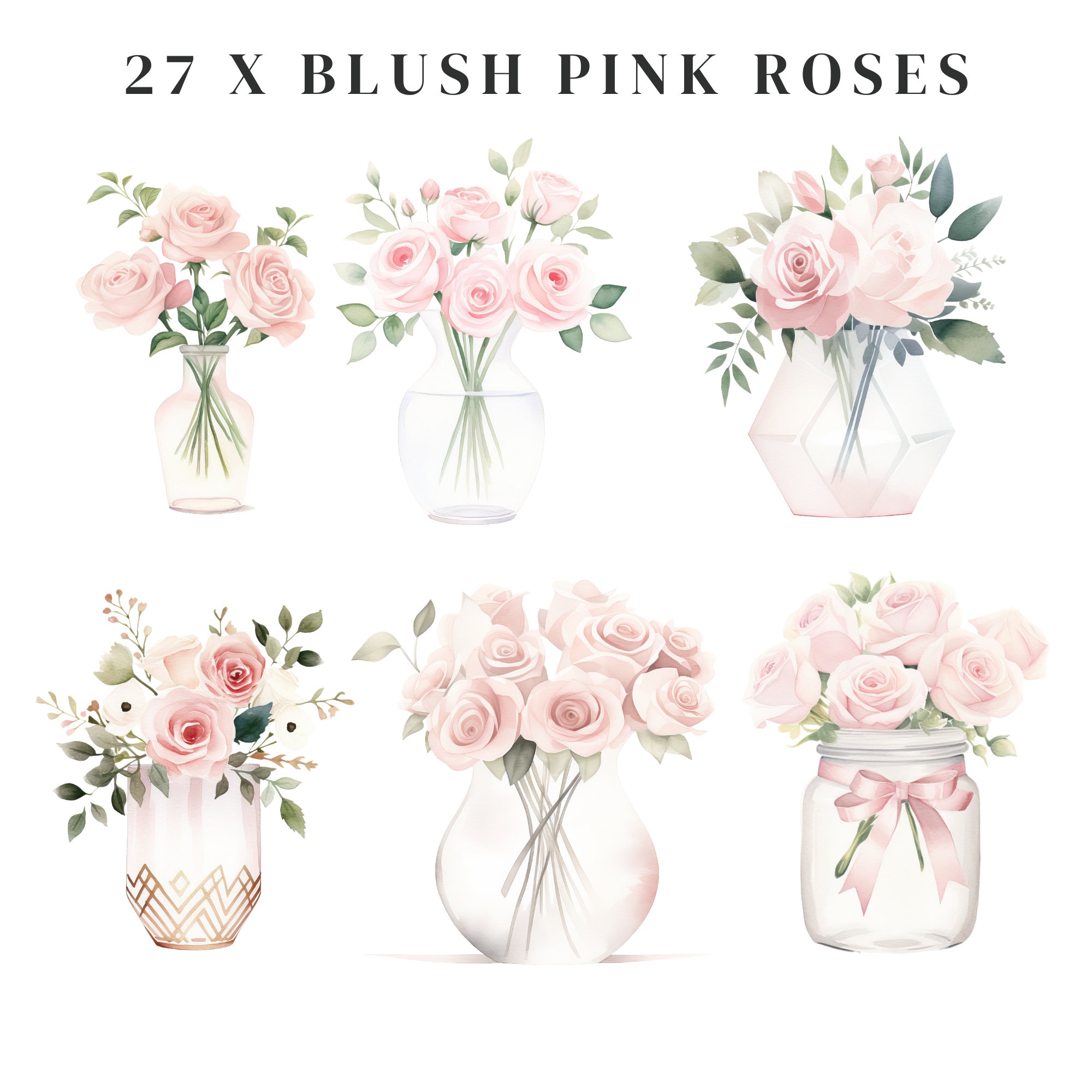 Watercolour Blush Pink Rose Flower Clipart Bundle, Flower Bouquet ...