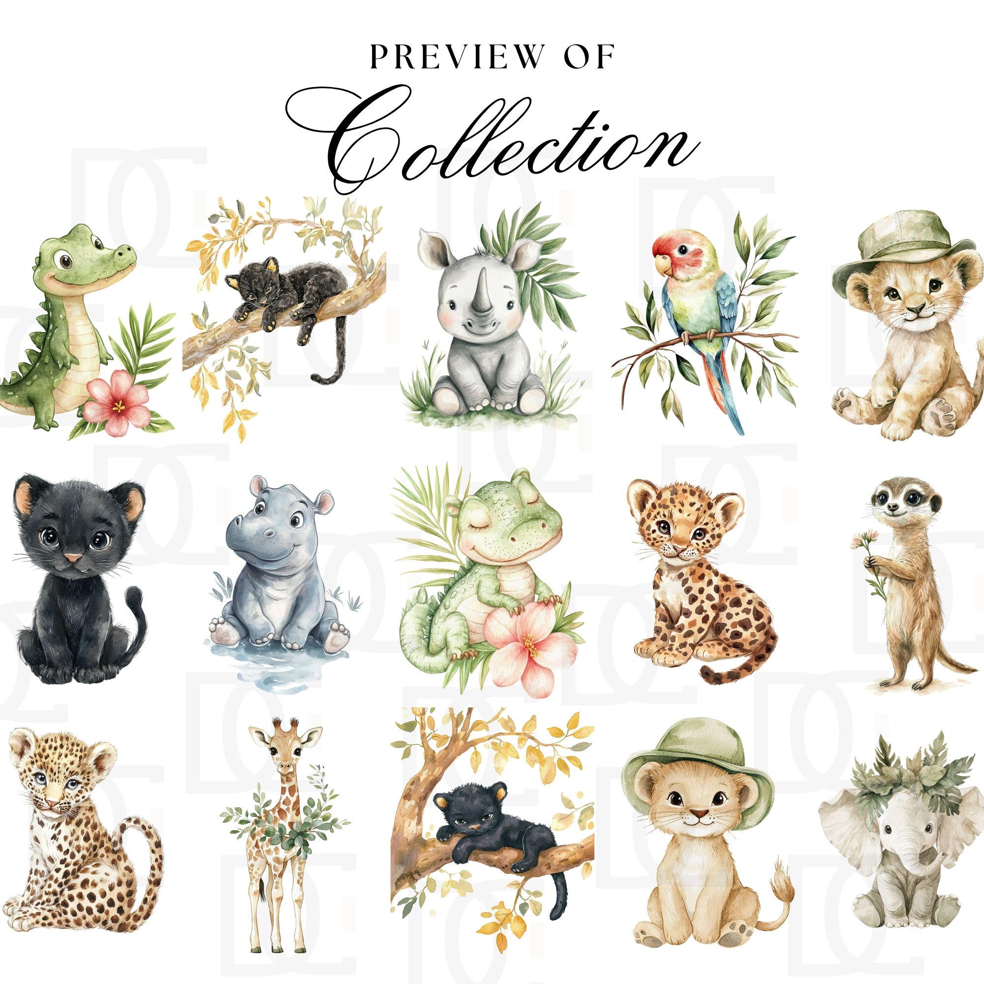 Cute Safari Animals Clipart Bundle, Watercolour Jungle Animals ...