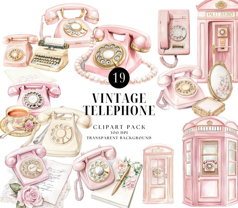 Vintage Telephone Watercolour Clipart, Old-fashioned Phone & Romantic ...