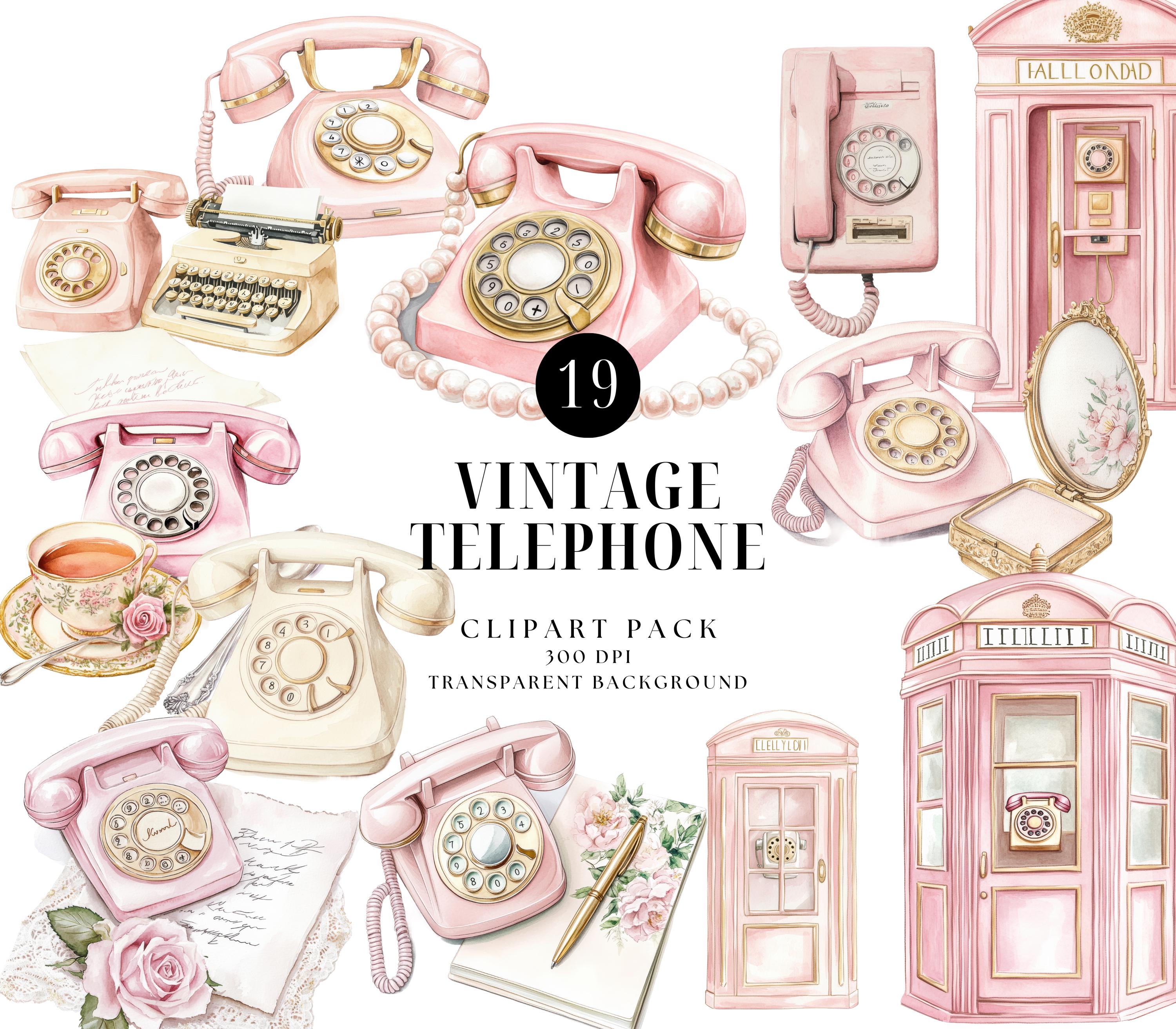 Vintage Telephone Watercolour Clipart, Old-fashioned Phone & Romantic ...