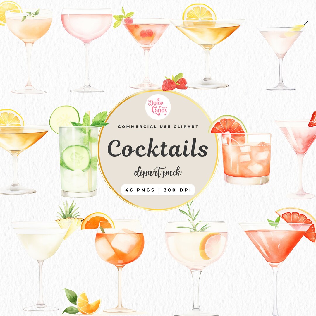 Watercolor Cocktail Clipart, Alcohol & Non-alcoholic Drinks (PNG ...