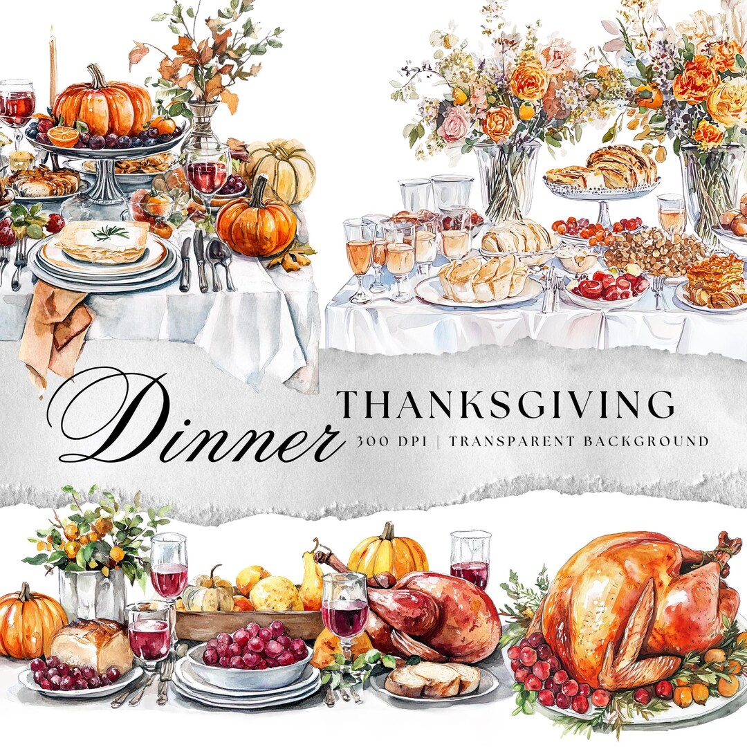 Watercolour Thanksgiving Table Clipart, Rustic Thanksgiving Dinner ...