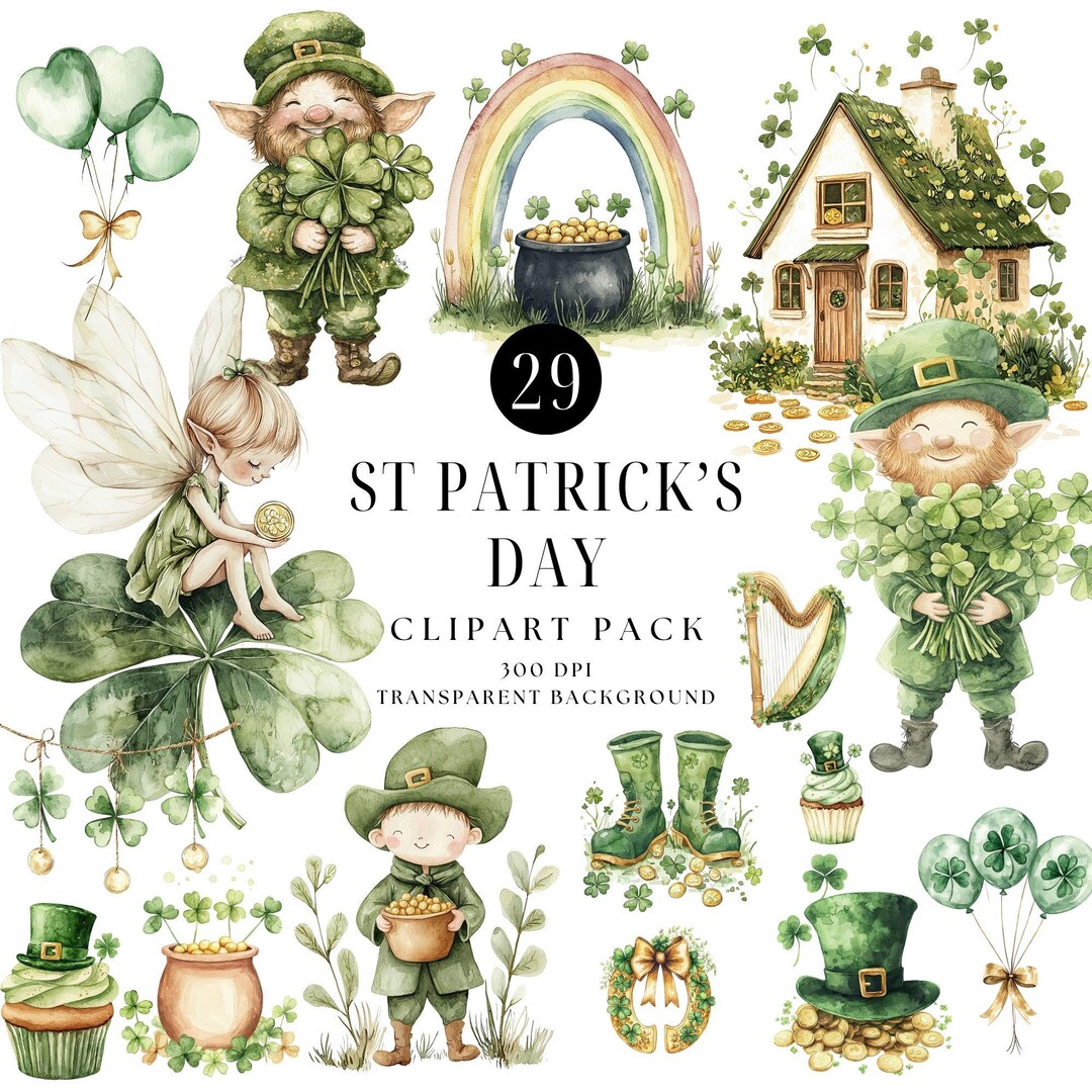 St. Patrick's Day Clipart, Watercolour Shamrocks and Leprechauns, Pot ...