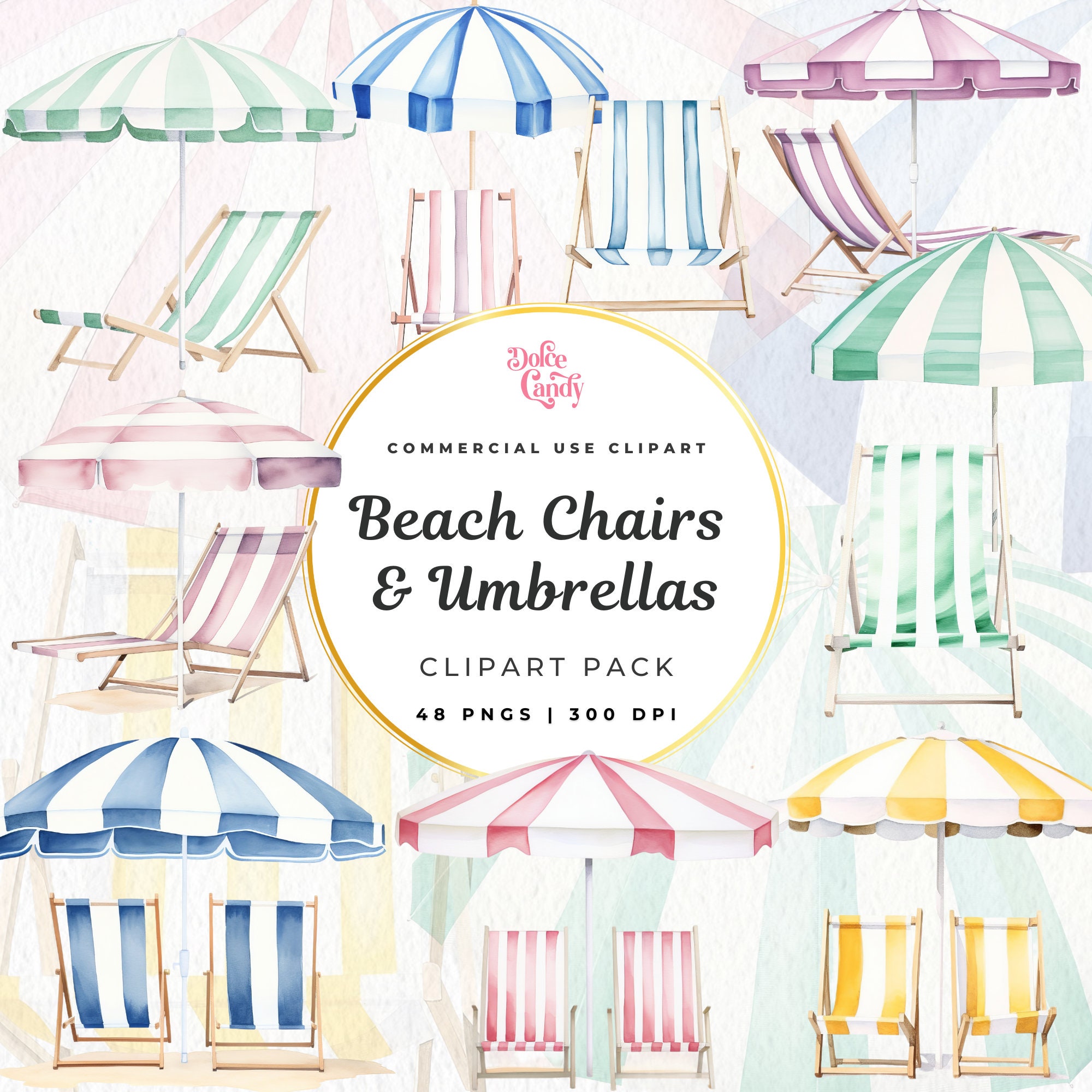 Watercolour Pastel Beach Chairs and Umbrellas, Holiday Clipart ...