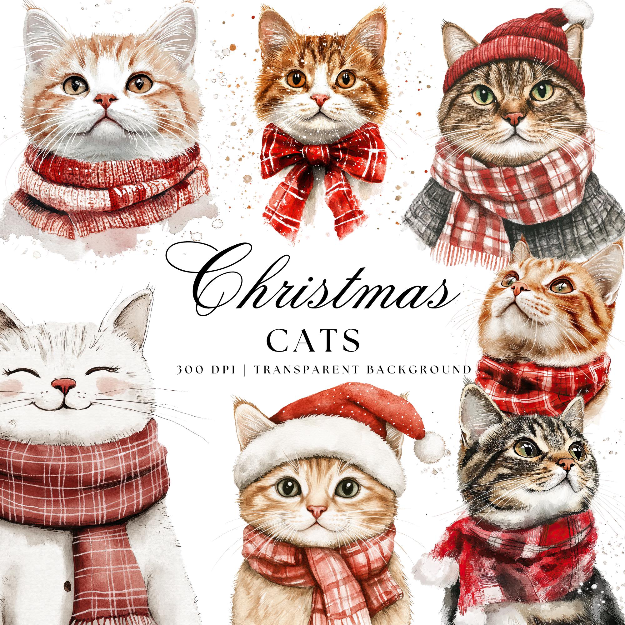Watercolour Christmas Cat Clipart, Festive Cat Illustrations, Holiday ...