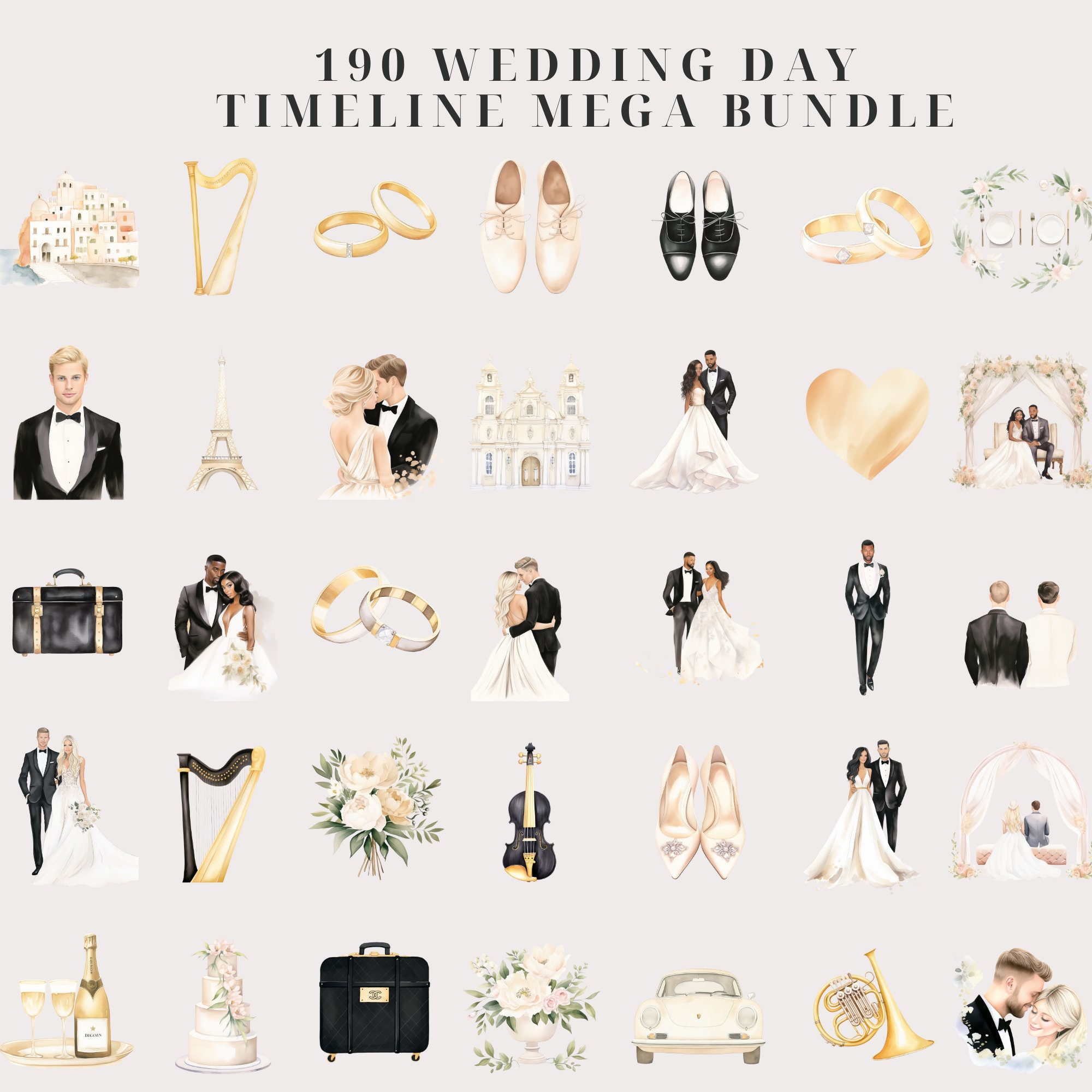 190 Watercolour Wedding Timeline Icons Clipart, Marriage Icon Pack, Wedding Card Clipart ...